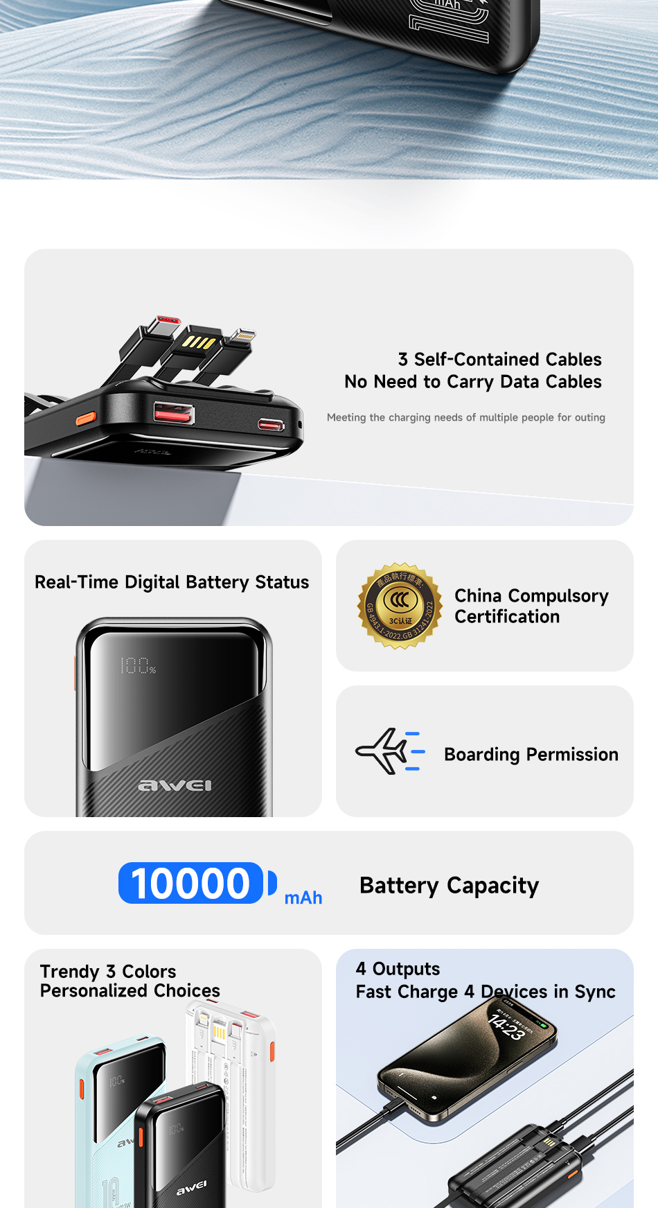 Awei CCC Certified Powerbank 3C Power bank P64K Fast Charging 10000mAh ...