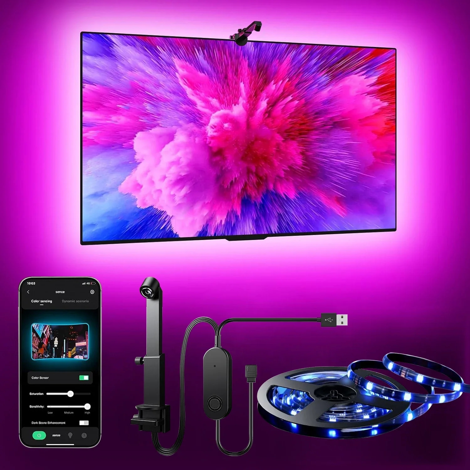 PC/TV Led Backlight RGBIC LED Strip Light with Color Picking Sensor App ...
