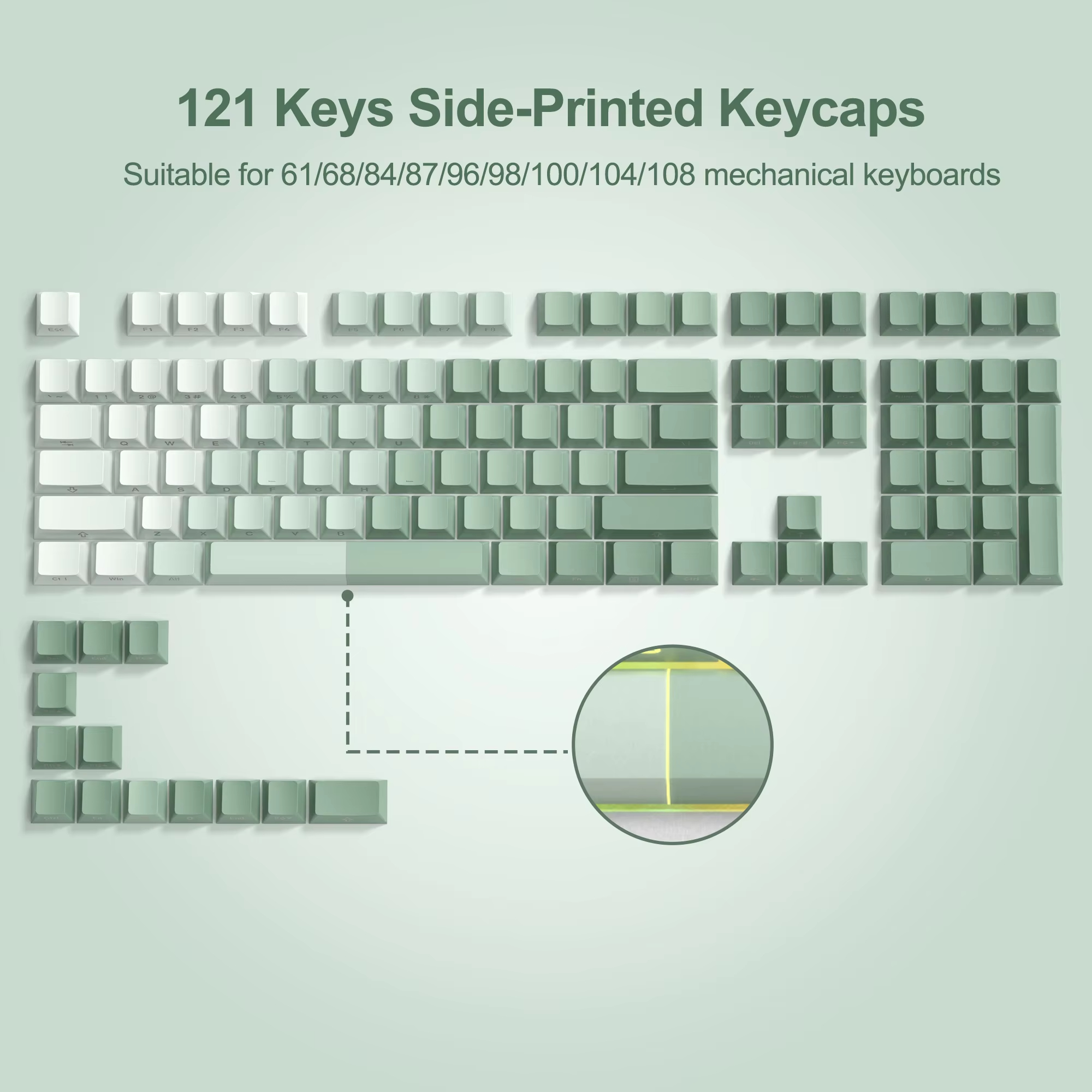 121 Keys Gradient Sea Green PBT Double Shot Side Printed Shine Through ...