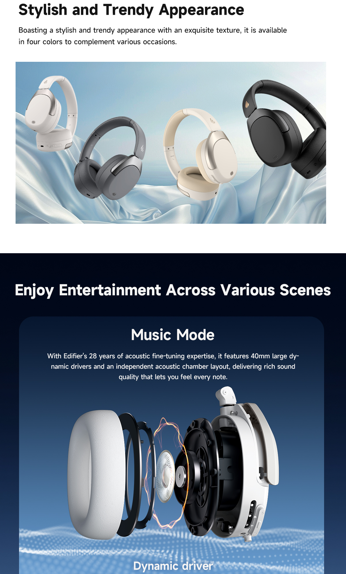 EDIFIER W830NB Over-Ear Headphones -45dB ANC 40mm Dynamic Drive Sound ...