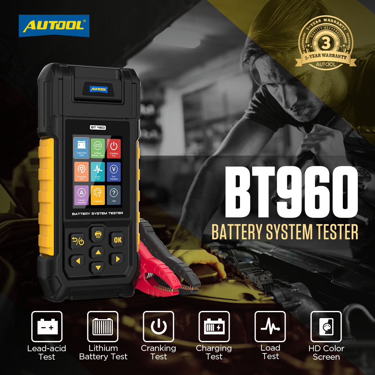 AUTOOL BT960 Lithium Battery Tester 12V 24V Car Battery Diagnostic ...