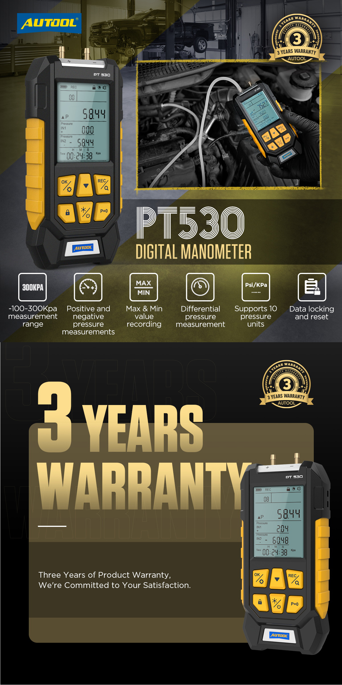 AUTOOL PT530 Digital Differential Manometer -100-300Kpa Air Pressure ...