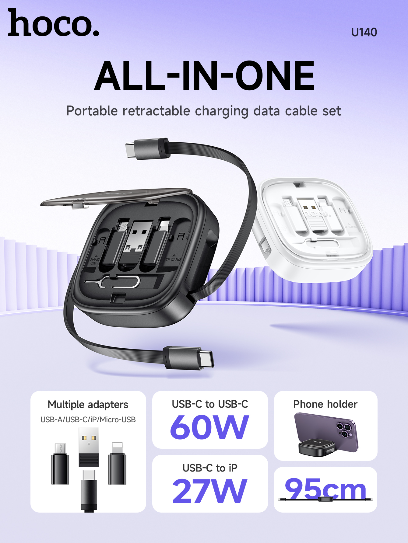HOCO U140 60W Retractable Charging Data Cable Set Fast Charging 3A Type ...