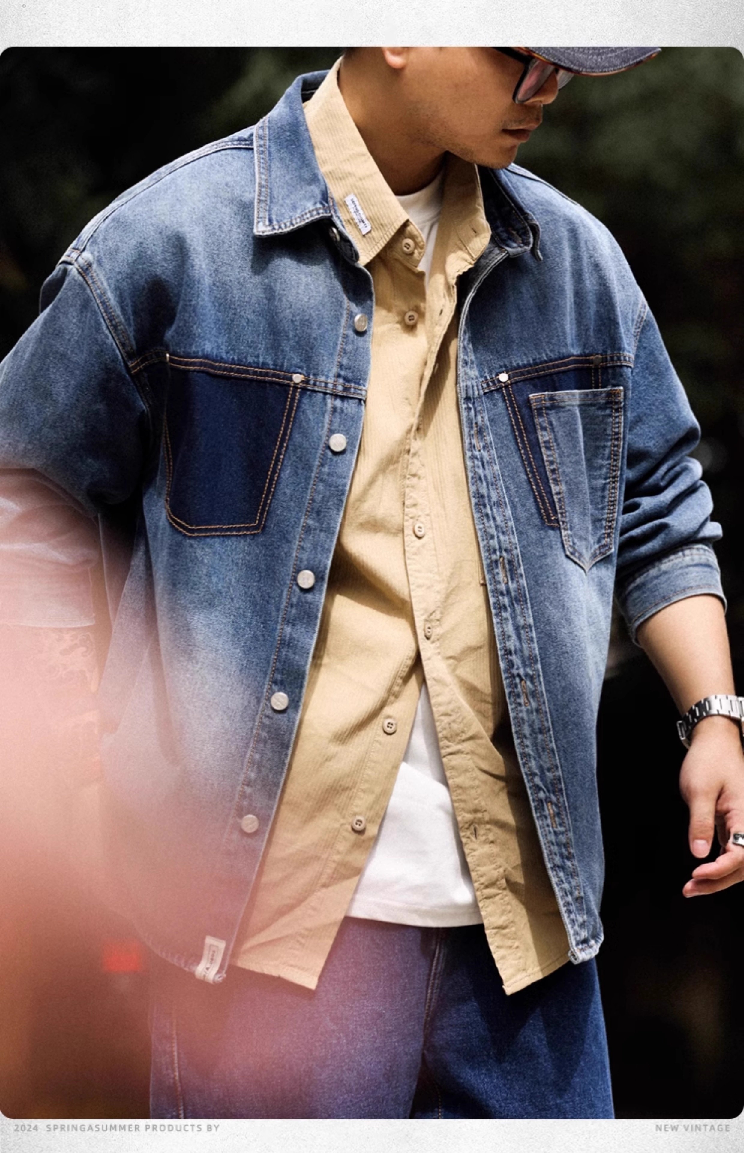 American Retro Heavy Denim Shirt Men Loose Contrast Color Pocket Design ...