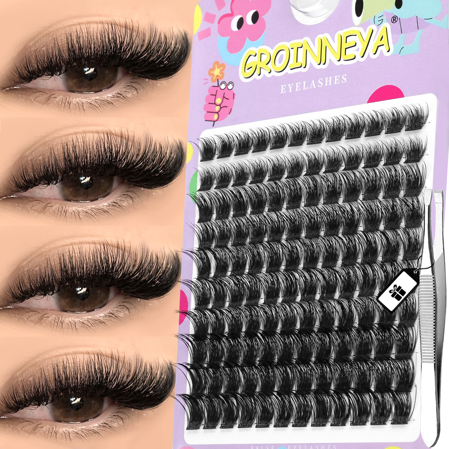 GROINNEYA False Eyelashes 3D Bushy Eyelash Lash Cluster Natural Fluffy ...