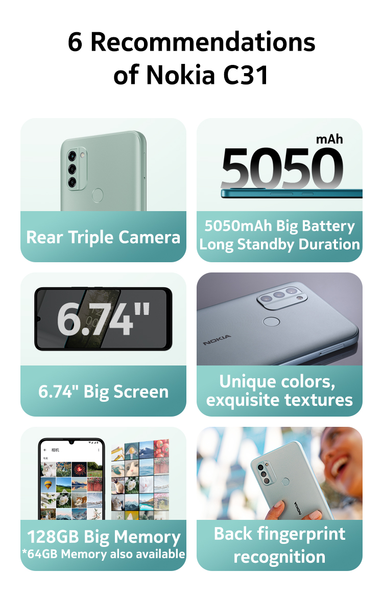 Nokia C31 Smartphone 6.74’‘ HD Screen IP52 Water Resistant 4GB+128GB ...