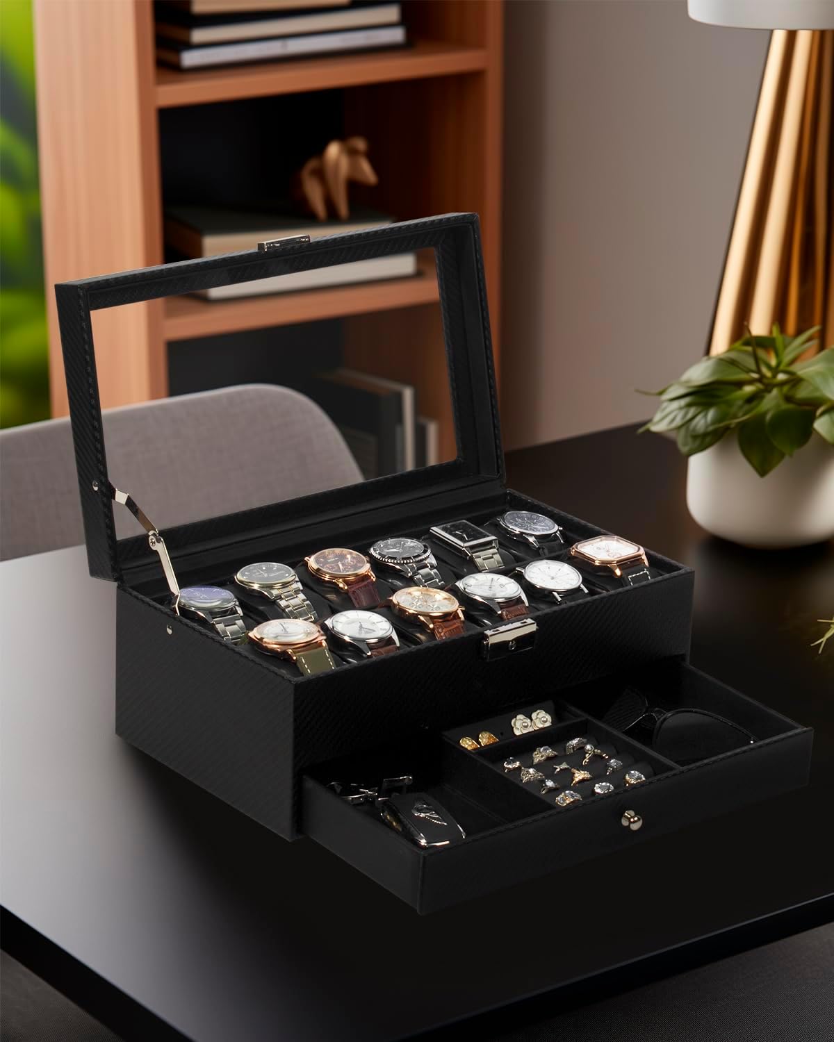 【24Hours Ship】12-Slot Watch Box PU Leather Case Organizer with Jewelry ...
