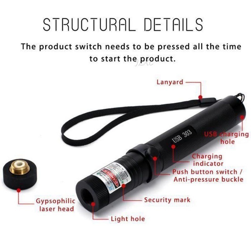 532nm Green Laser Pointer Pen 10000m USB Rechargeable High Power 303 ...