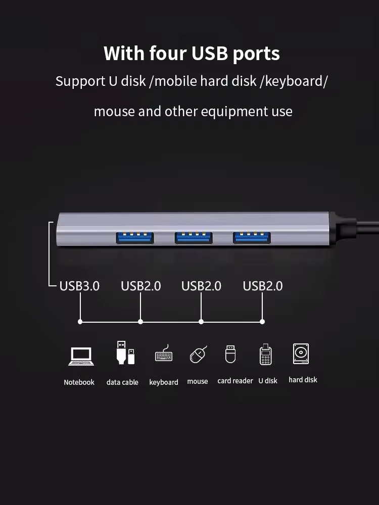 4 in 1 USB 3.0 Hub Ports Expander Aluminium USB A Type-C Hubs Splitter ...