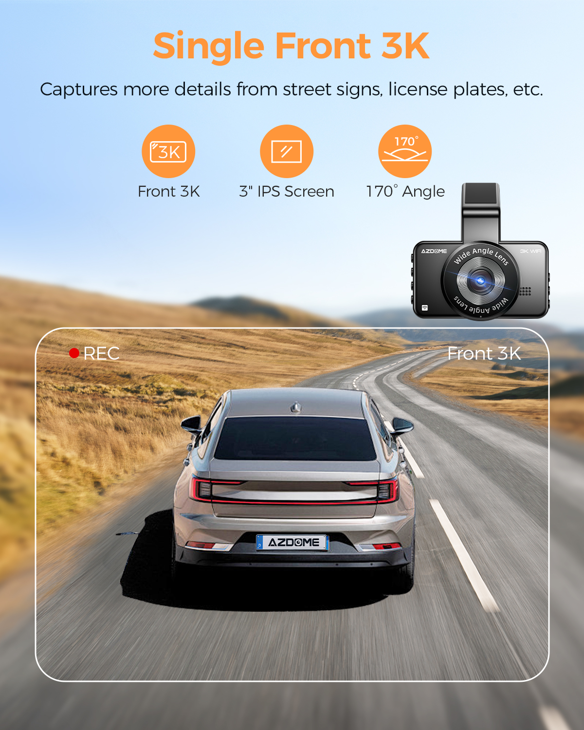 AZDOME M17 Pro 2K Dual Lens Dash Cam 3'' Screen Built-In Wi-Fi ADAS ...
