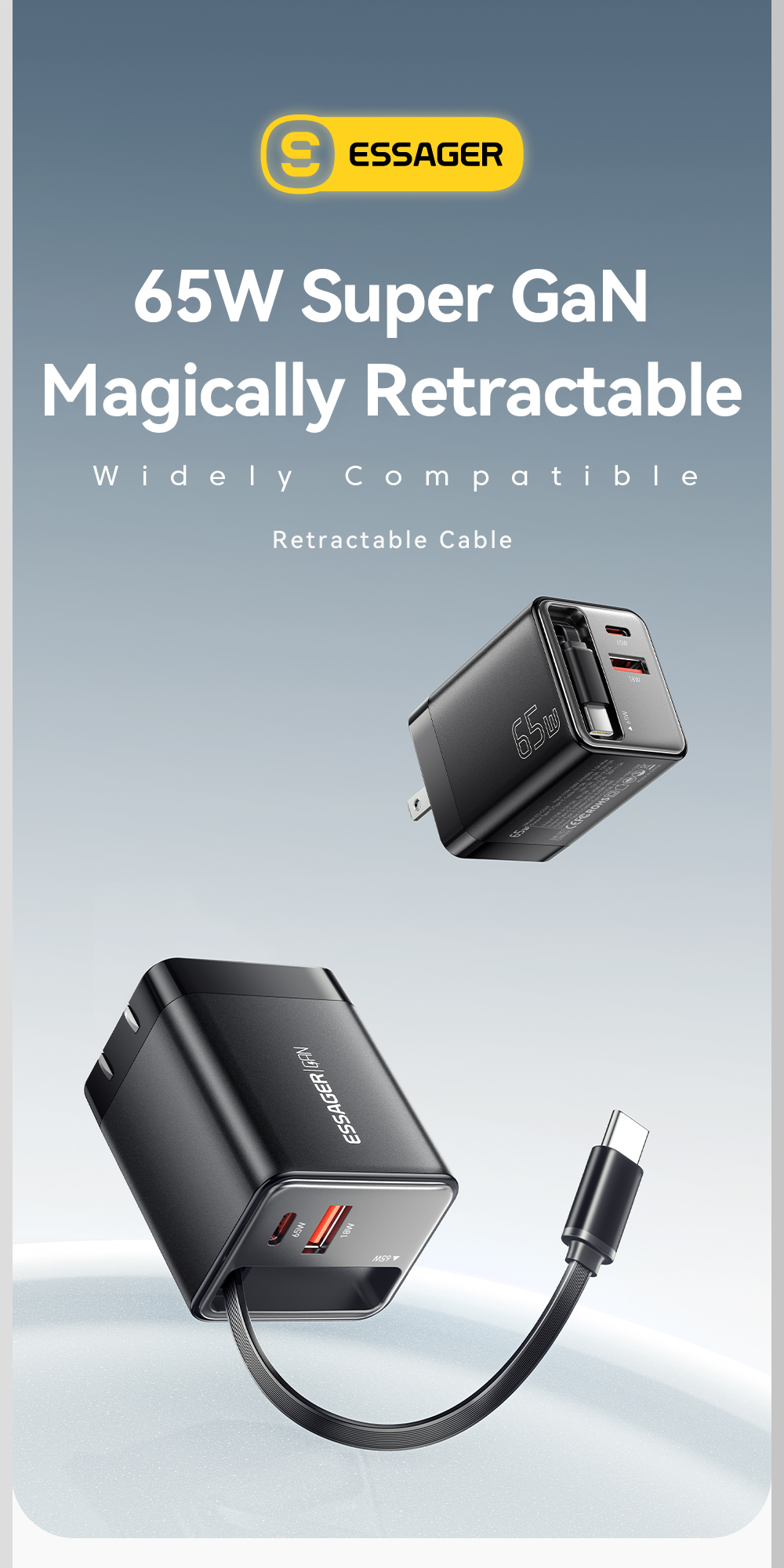 ESSAGER 65w GaN Charger Type-C Cable +Type-C & USB-A port Travel Fast ...