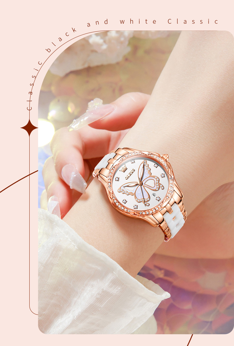 Olevs 5610 Fashion Casual Butterfly Ceramic Strap Quartz Watch ...