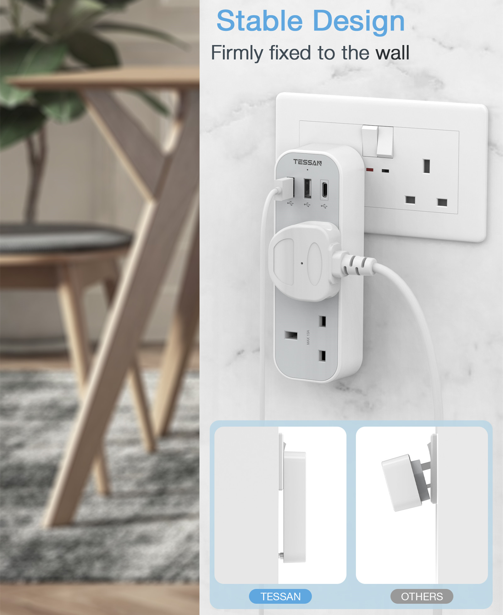 TESSAN Extension Multi Plug with USB+Type C, Plug Adapter Extension ...