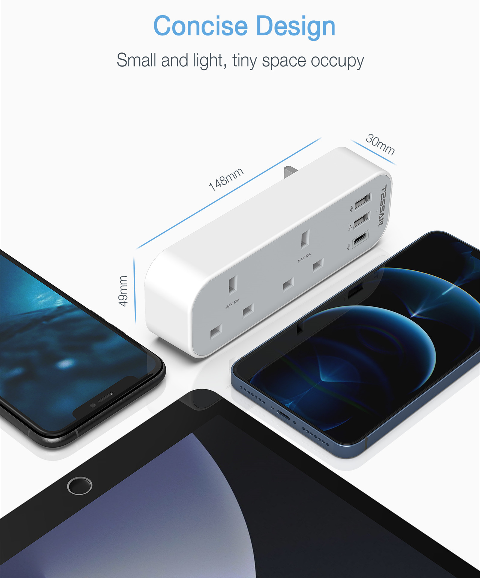 TESSAN Extension Multi Plug with USB+Type C, Plug Adapter Extension ...