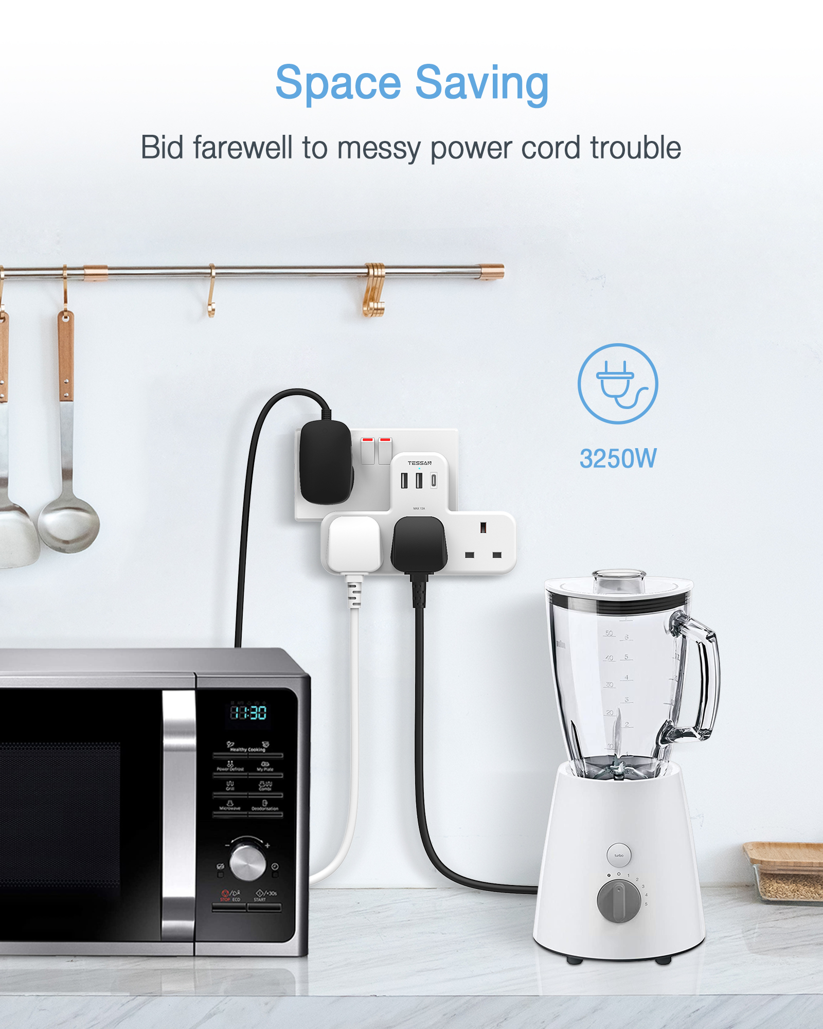 TESSAN Extension Multi Plug with USB+Type C, Plug Adapter Extension ...