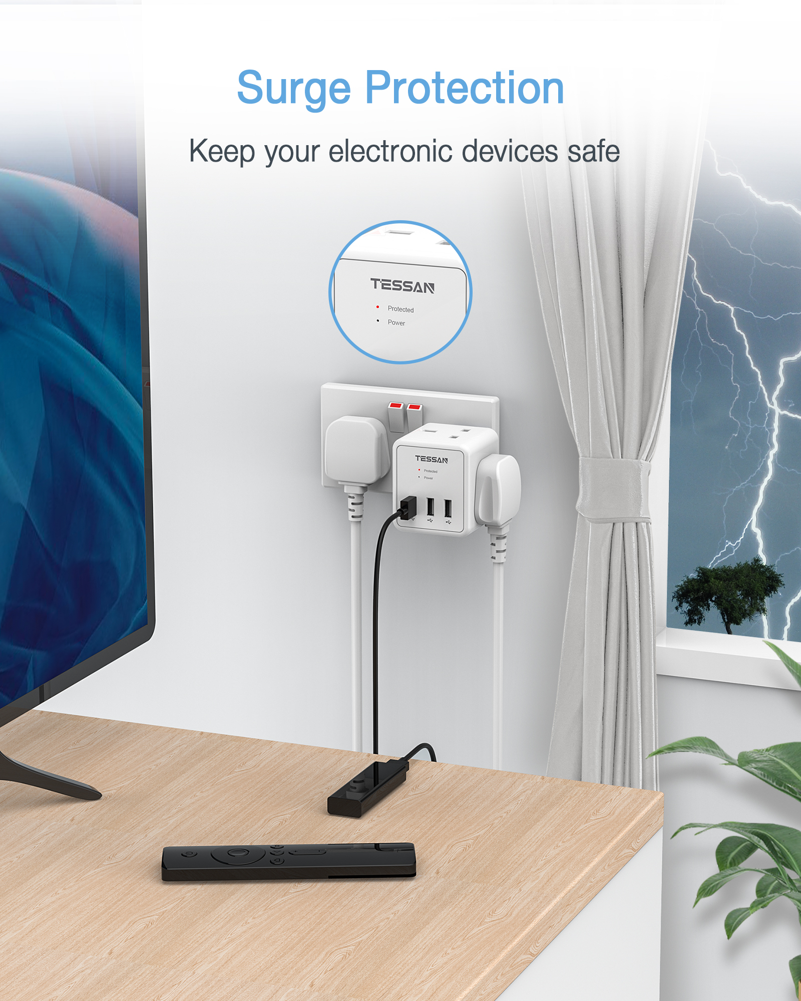 TESSAN Extension Multi Plug with USB+Type C, Plug Adapter Extension ...