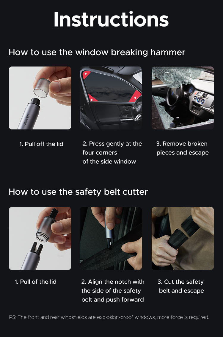 UGREEN 2-in-1 Car Safety Hammer Life-Saving Car Window Class Breaker ...