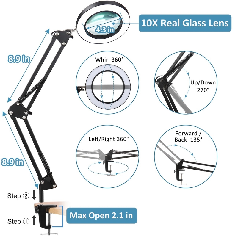 15X LED Magnifying Glass With Light Adjustable Swivel Arm Reading Lamp ...