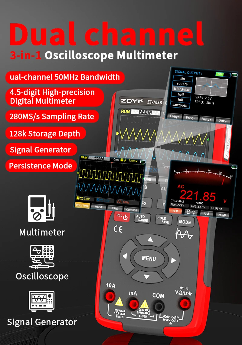 ZT703S Dual-Channel Oscilloscope Multifunction Multimeter Signal ...
