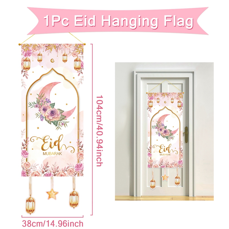 Pink Watercolor Moon Eid Castle Hanging Flag Eid Mubarak Flag Hari Raya ...