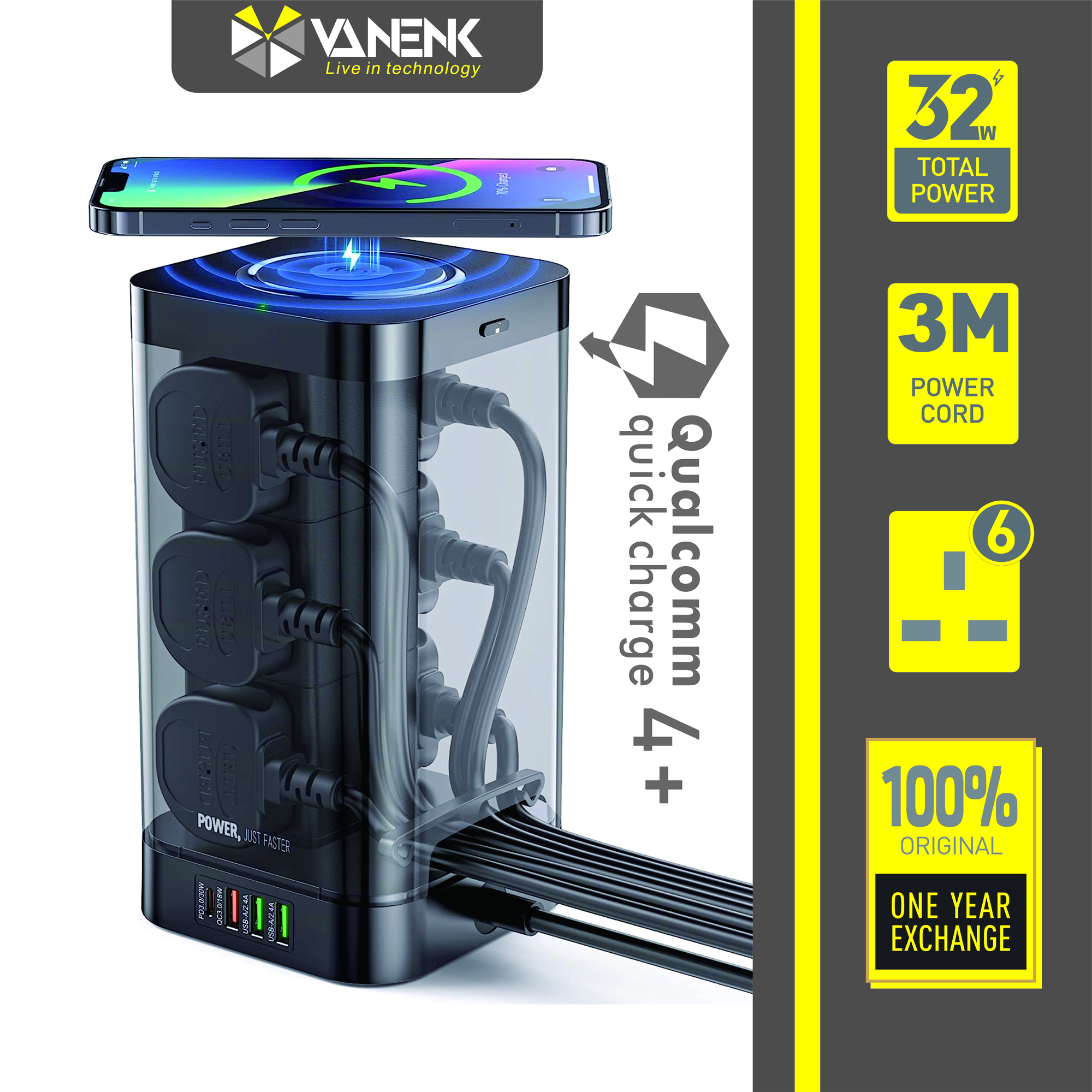 Vertical Power Strip Tower Socket Extension Cord with USB PD30W QC3.0 ...