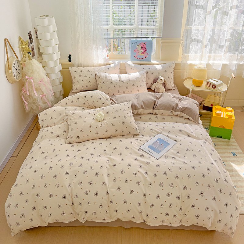 4 IN 1 Knitted Cotton Double Layer Yarn Bed Sheet Set Simple Bowknot ...