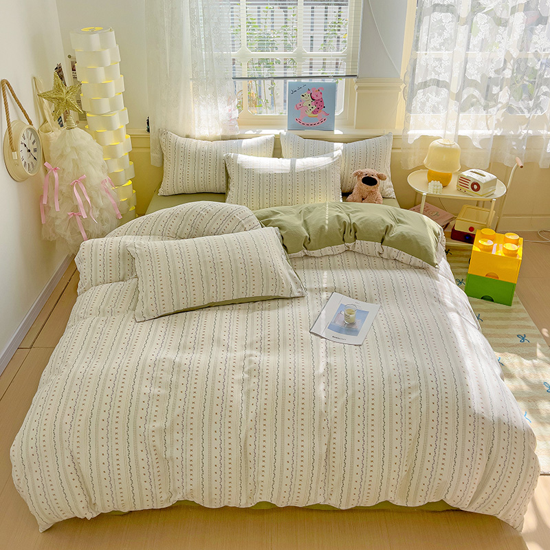 4 IN 1 Knitted Cotton Double Layer Yarn Bed Sheet Set Simple Bowknot ...