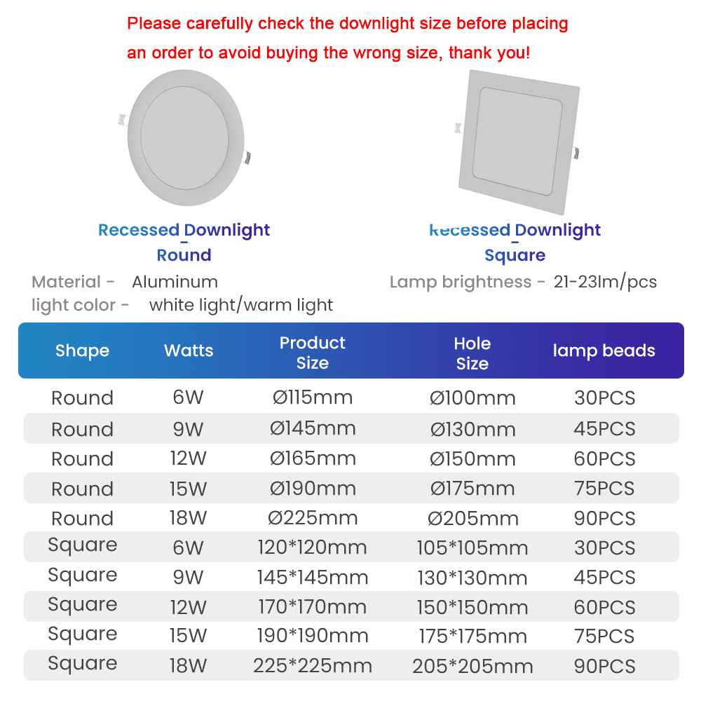 【SG Stock】6w/9w/12w/15w/18w LED Square/Round Downlight Cool white 6000K ...