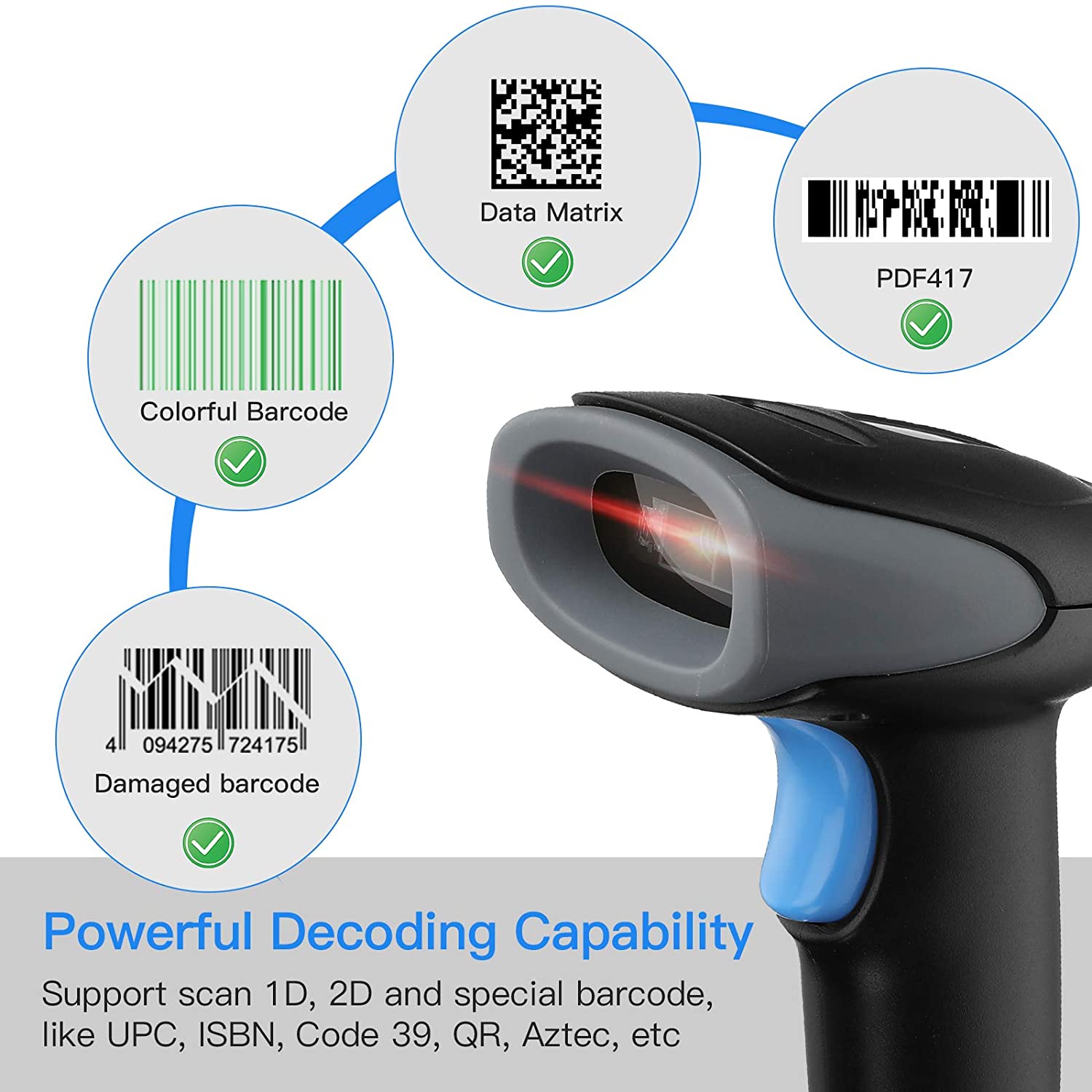 EYOYO Handheld 1D 2D Barcode Scanner with Stand Via USB Wired Connected Portable Bar Code QR ...