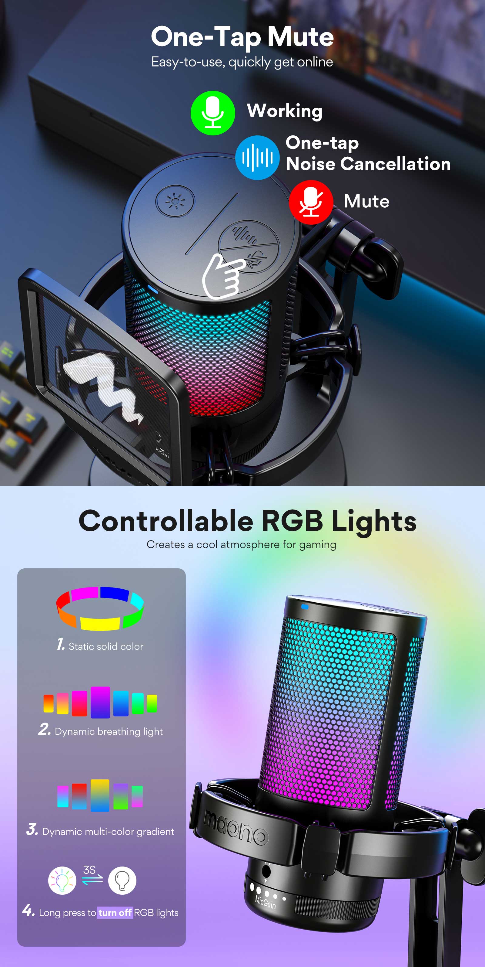Maono DGM20 RGB condenser recording microphone with gain adjustment and ...
