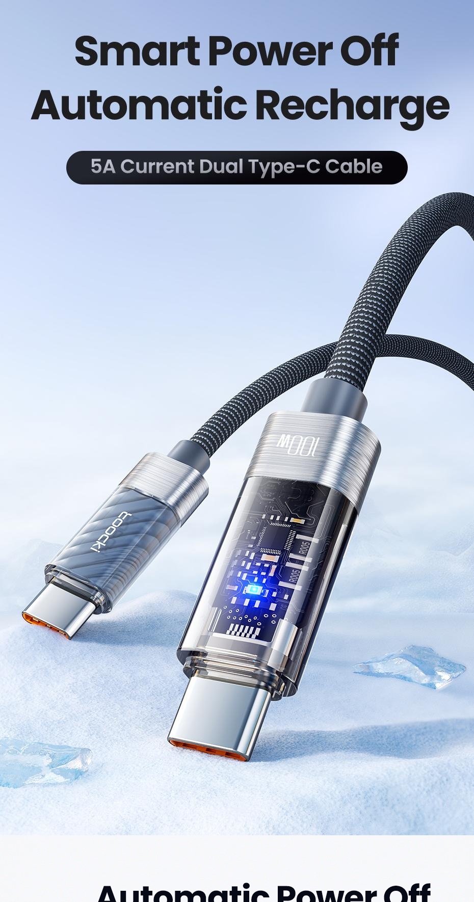 PD 100W Auto Power off USB C to USB C Cable 5A Transparent Data Cable ...