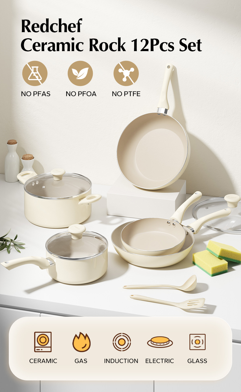 Redchef Nonstick Ceramic Rock 12 Pcs Cookware Set Non PFAS & PTFE ...