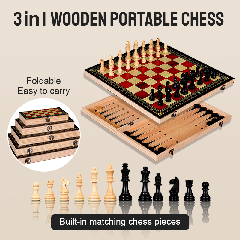 【Ship in 12h】5 Size Wooden Chess Set 3-in-1 Foldable Board Chess ...