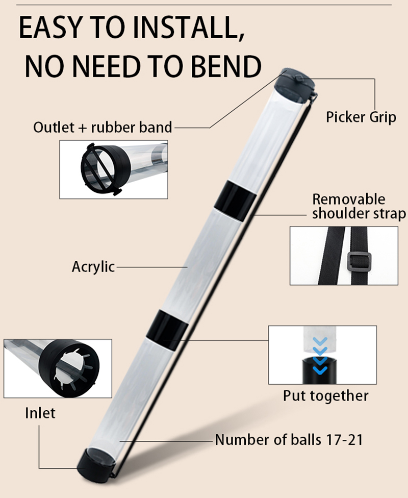 Pickleball Tube Ball Pickup with Strap, No Bending, 17 Balls Pickleball ...