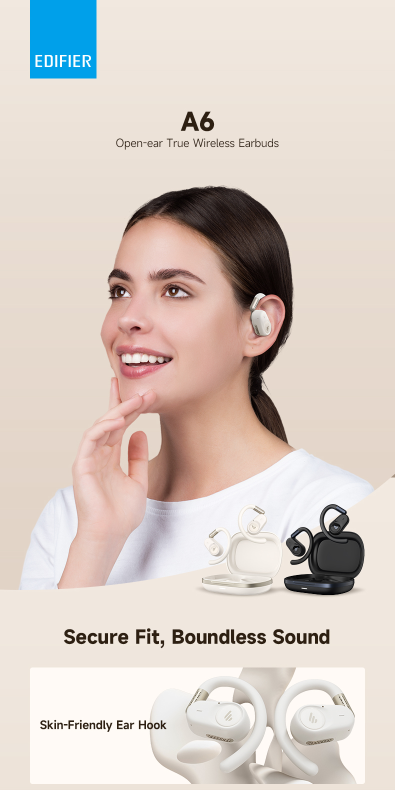 EDIFIER A6 Open Ear Headphones Waterproof Bluetooth 5.4 Earphone True ...