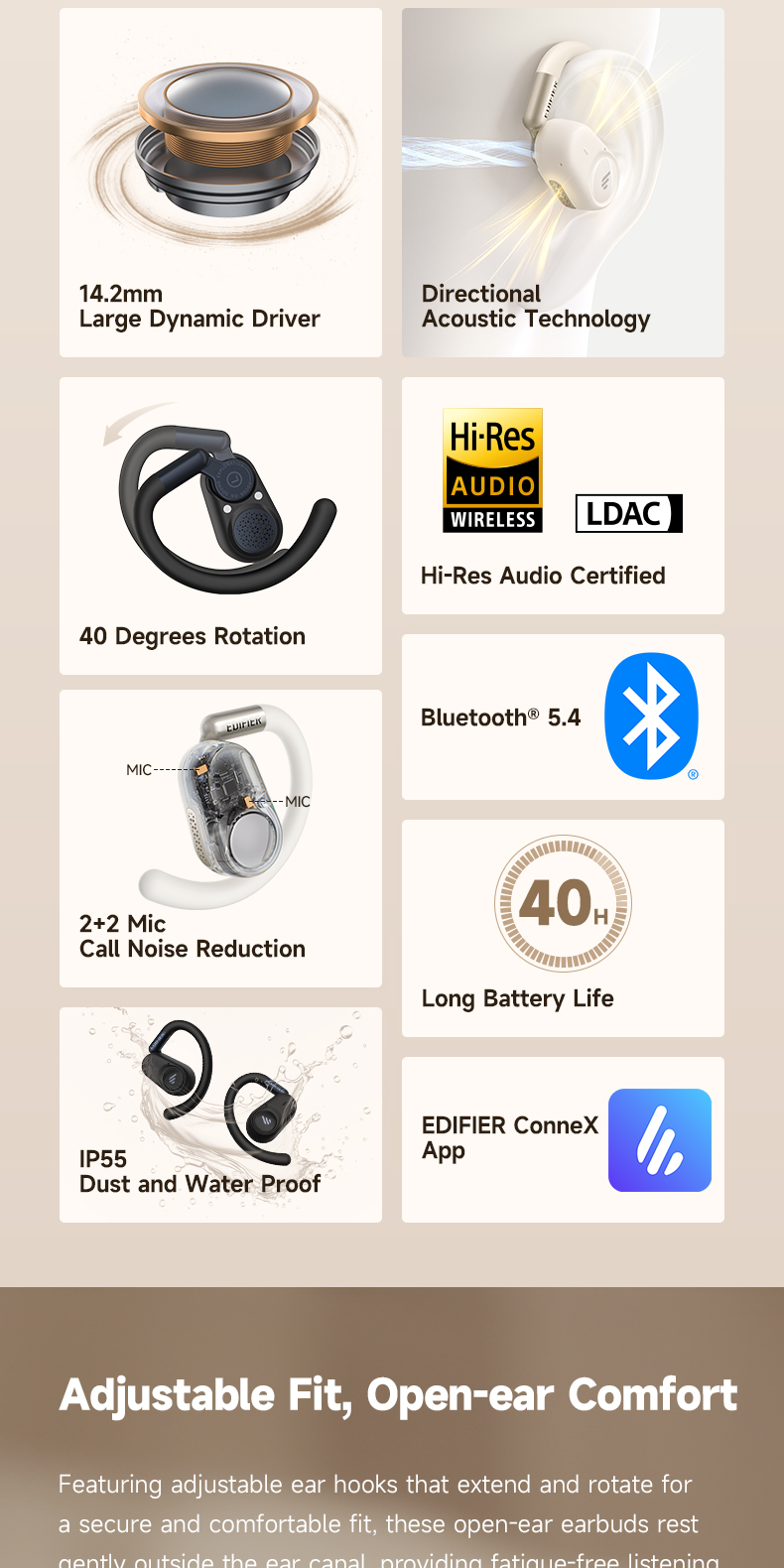 EDIFIER A6 Open Ear Headphones Waterproof Bluetooth 5.4 Earphone True Wireless Earbuds Hi-Res ...