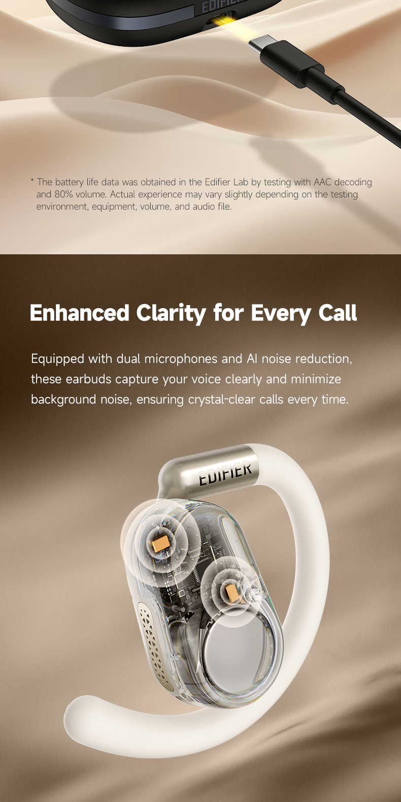 EDIFIER A6 Open Ear Headphones Waterproof Bluetooth 5.4 Earphone True ...