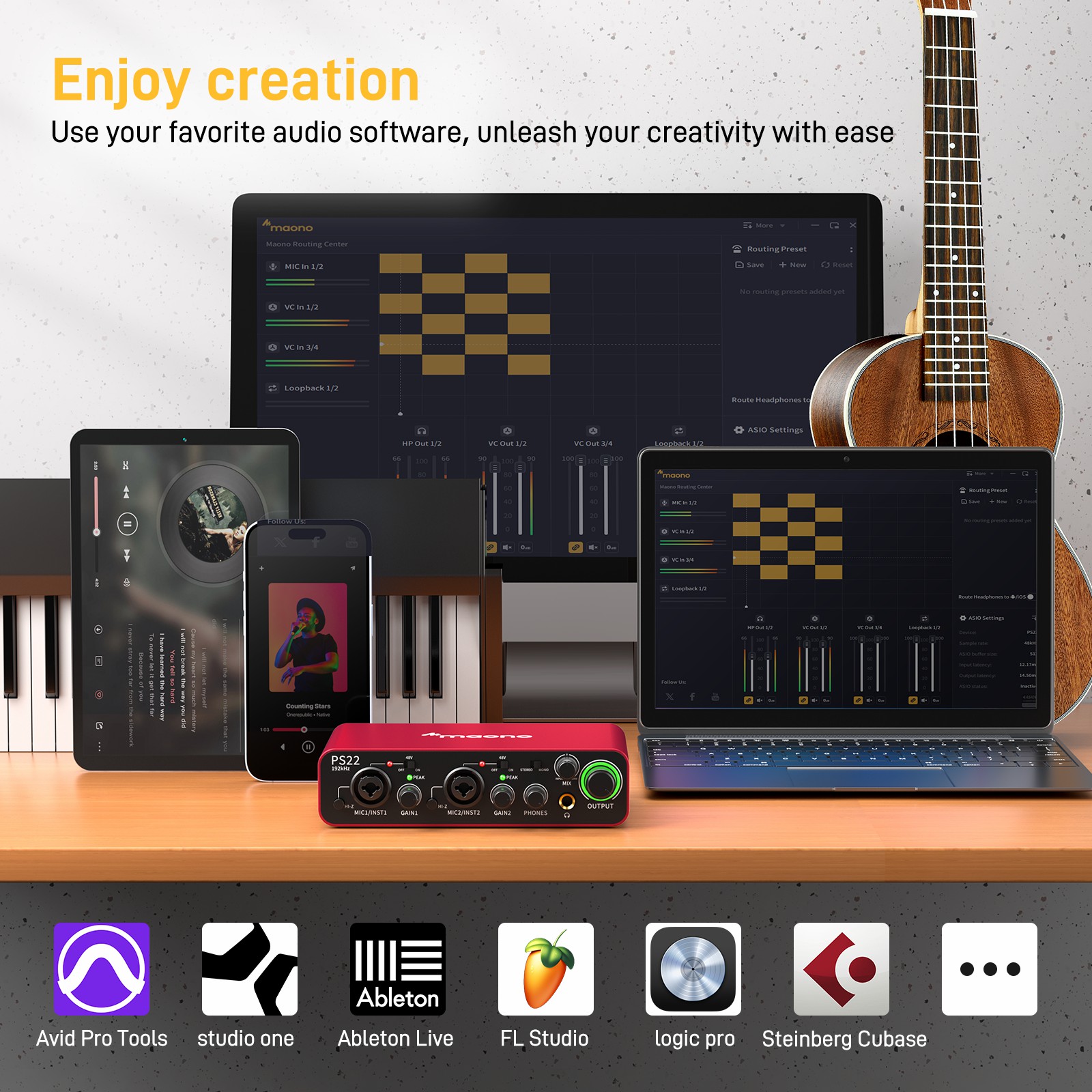 Maono PS22 Professional Audio Interface 24bit/192kHz Audio Mixer, Dual ...