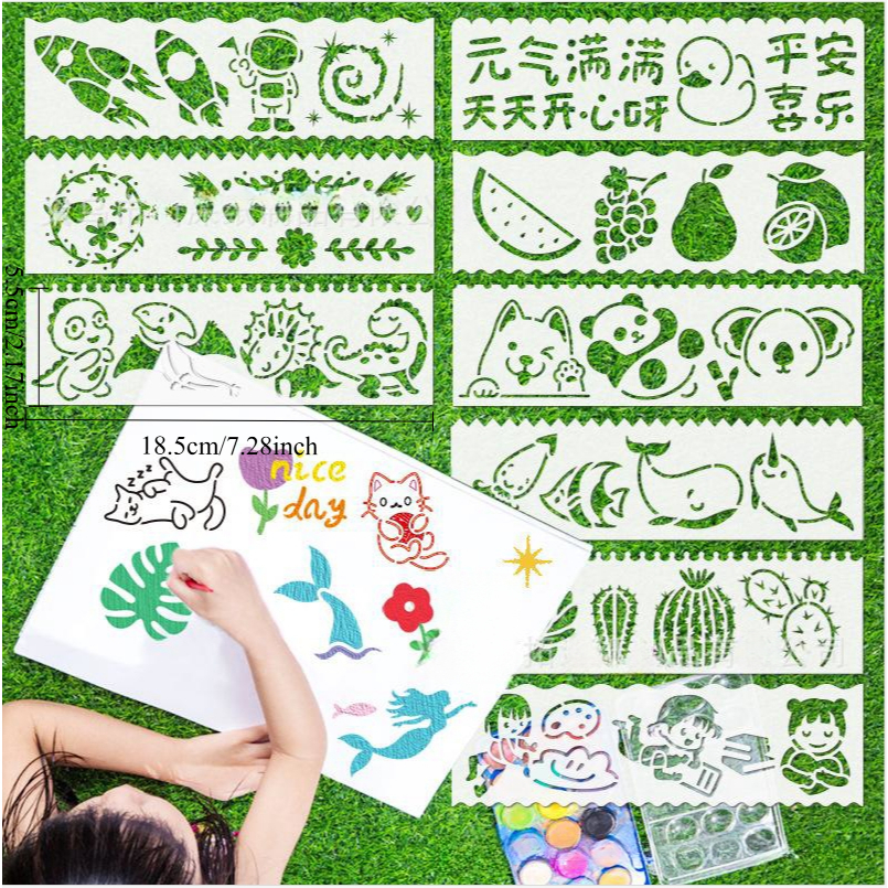 8 pcs/SET, long strip painting template hand account hollow lace ruler ...