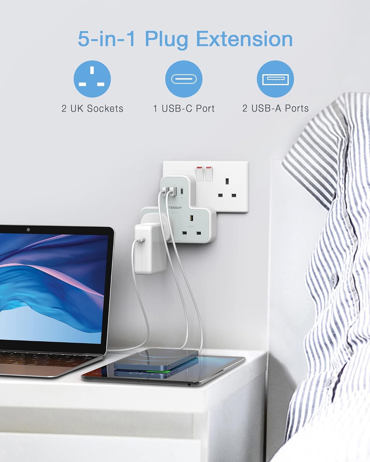 TESSAN USB C Multi Plug Adapter Extension Socket Multi USB Charging ...