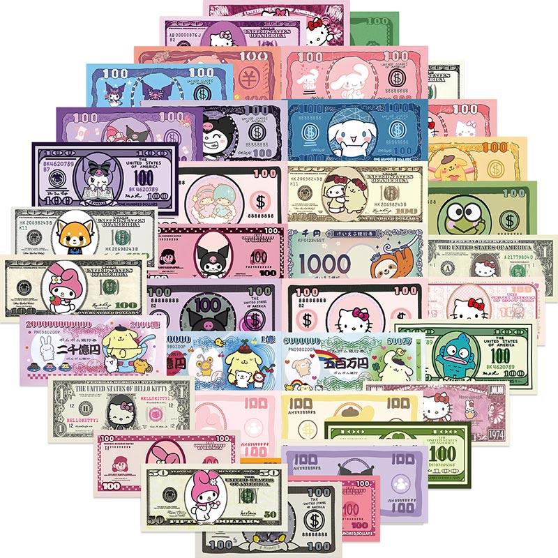50PCS Sanrio Paper Money Stickers Kawaii Hello Kitty Kuromi Anime Cute ...