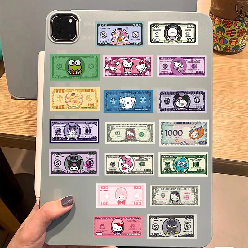 50PCS Sanrio Paper Money Stickers Kawaii Hello Kitty Kuromi Anime Cute ...