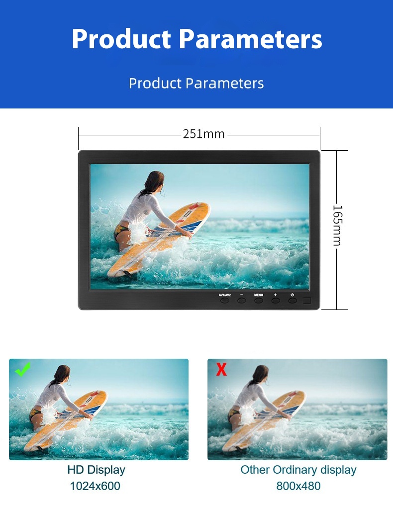 10.1" LCD HD Monitor Mini TV & Computer Display Color Screen 2 Channel ...