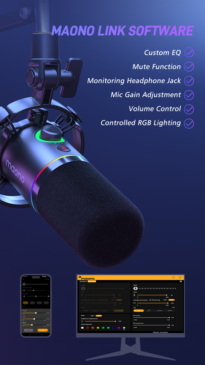 Maono PD200X Podcast Mic Dynamic Microphone USB/XLR Dual Mode Microphone RGB Dynamic Mic USB ...