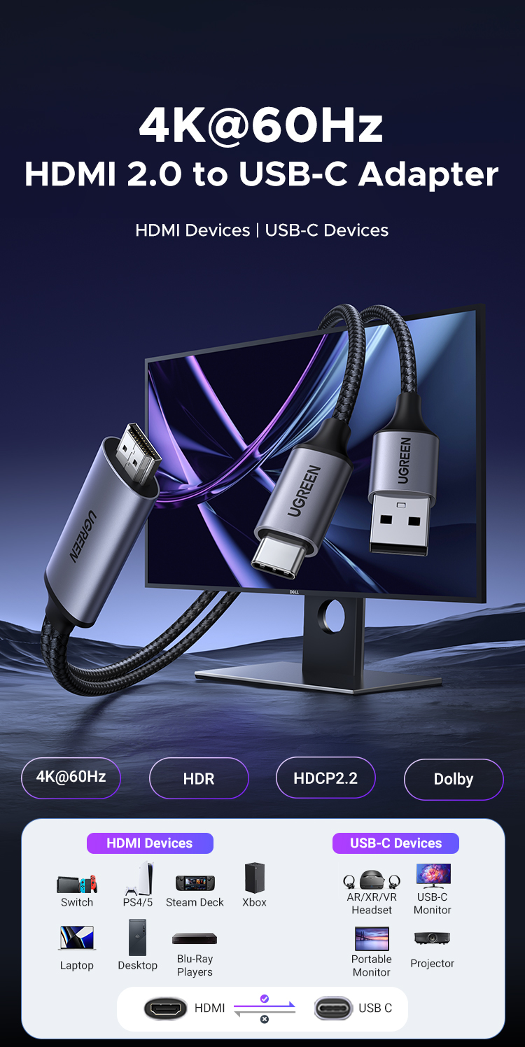 UGREEN HDMI to USB C Cable Adapter Audio Video Display 4K 60Hz HDR HDCP2.2 Dolby with USB Power ...