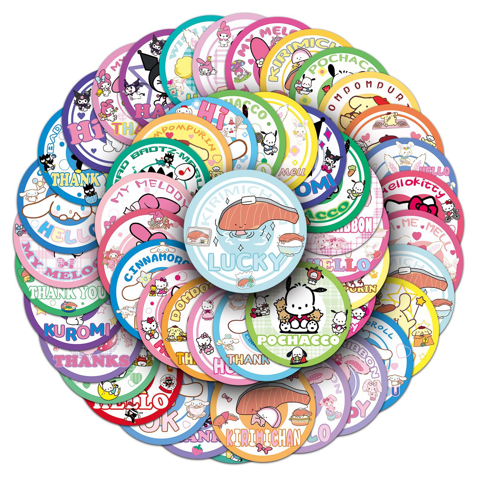 50PCS Round Sanrio Badge Cartoon Sticker Kuromi Pochacco Hello Kitty ...