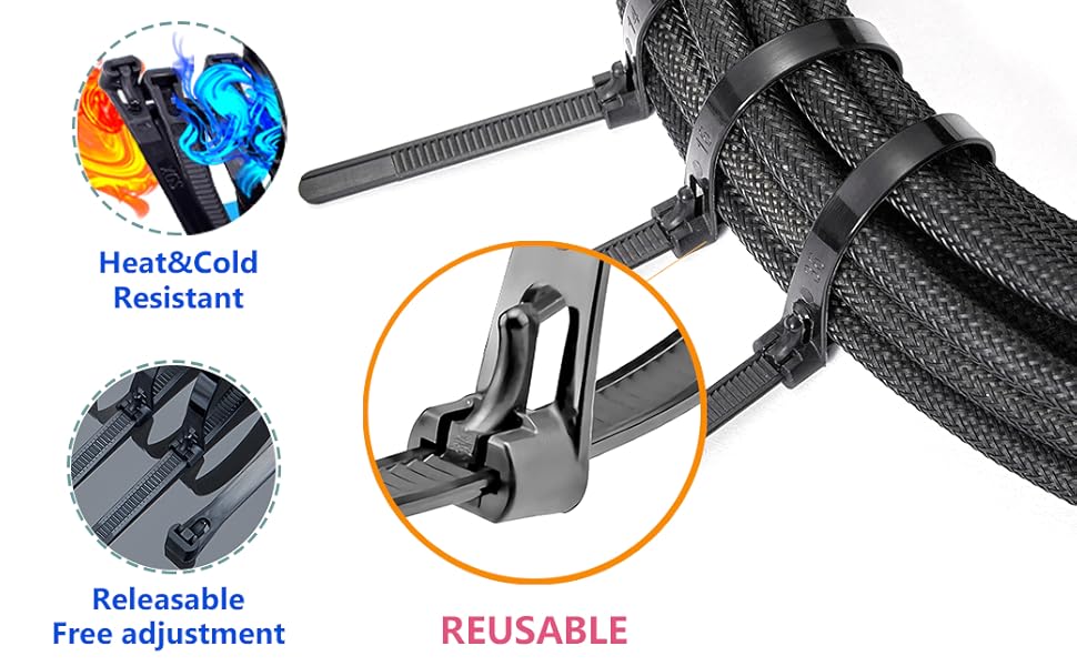Resuable Black Long Zip Ties 50cm (100 Pack), Releasable Large Nylon ...