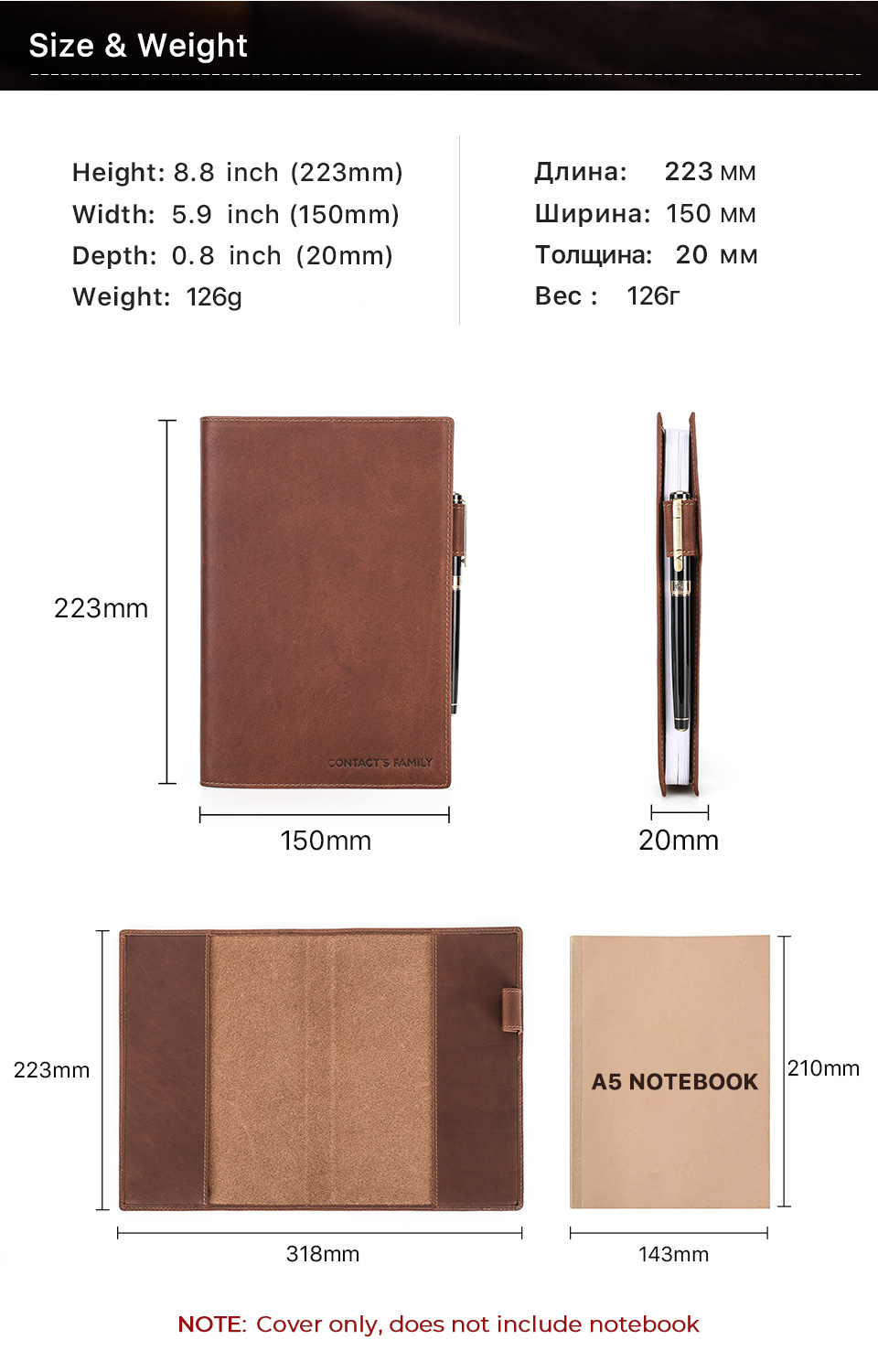 Hiram Genuine Leather Book Cover for B5 A5 Notebook with Pen Holder ...