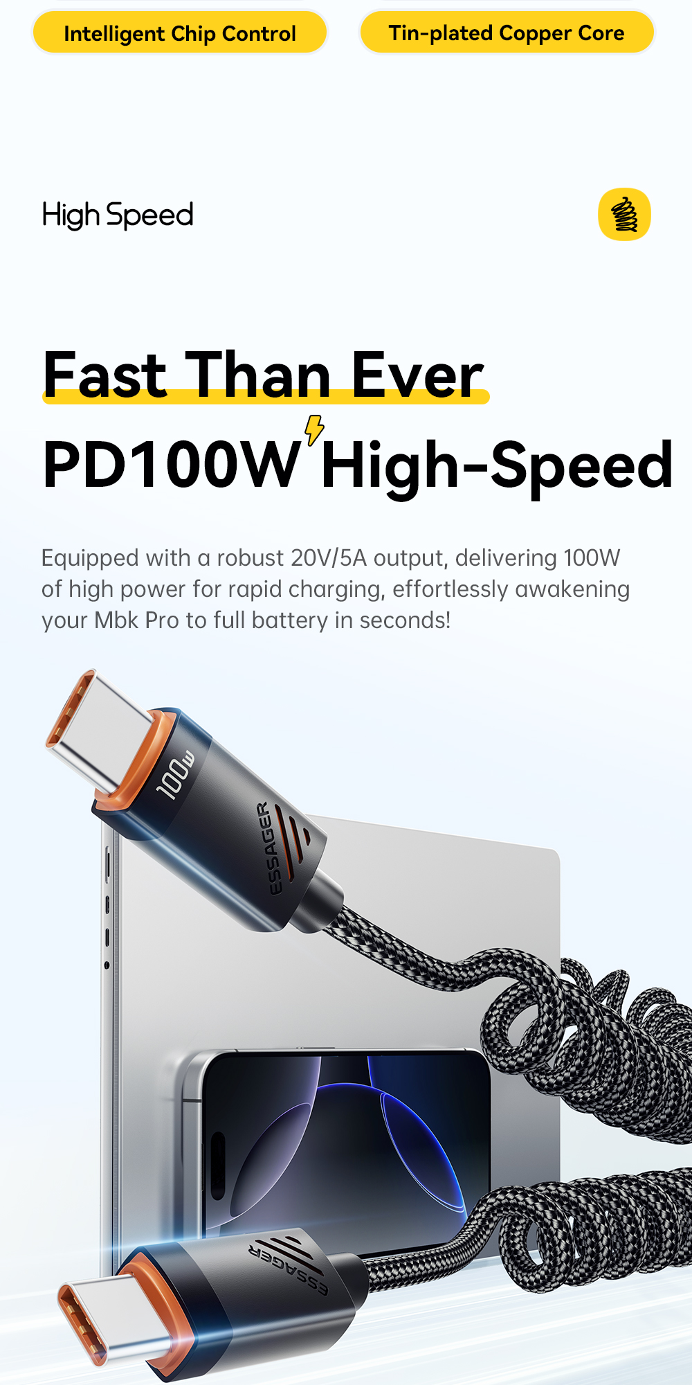 ESSAGER 60W/ 100W Type C Spring Charging Cable Type C to Type C Car ...