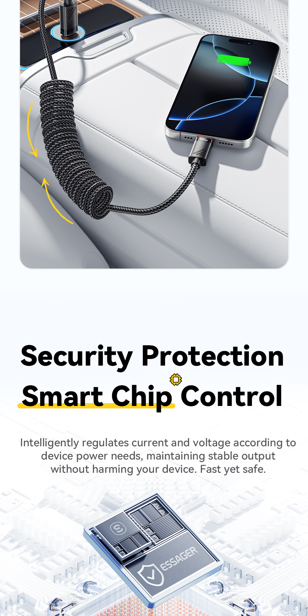 ESSAGER 60W/ 100W Type C Spring Charging Cable Type C to Type C Car ...